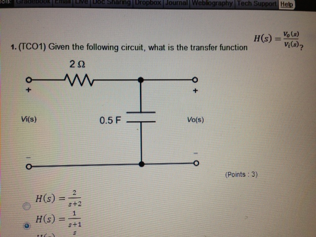 Solved Given the following circuit, what is the transfer | Chegg.com