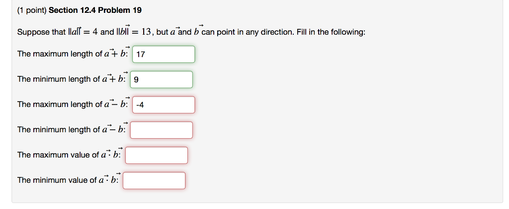 Solved (1 point) Section 12.4 Problem 19 Suppose that llal 4 | Chegg.com