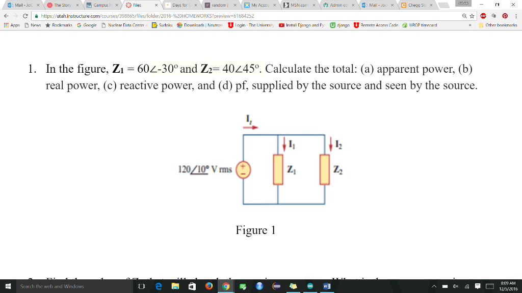 Solved In the figure, Z1 = 60?-30o and Z2= 40?45o. Calculate | Chegg.com