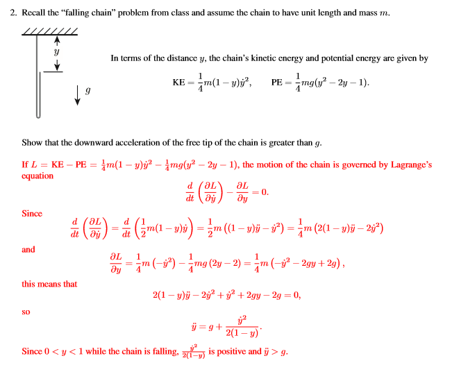 Solved 2. Recall the "falling chain" problem from class and | Chegg.com