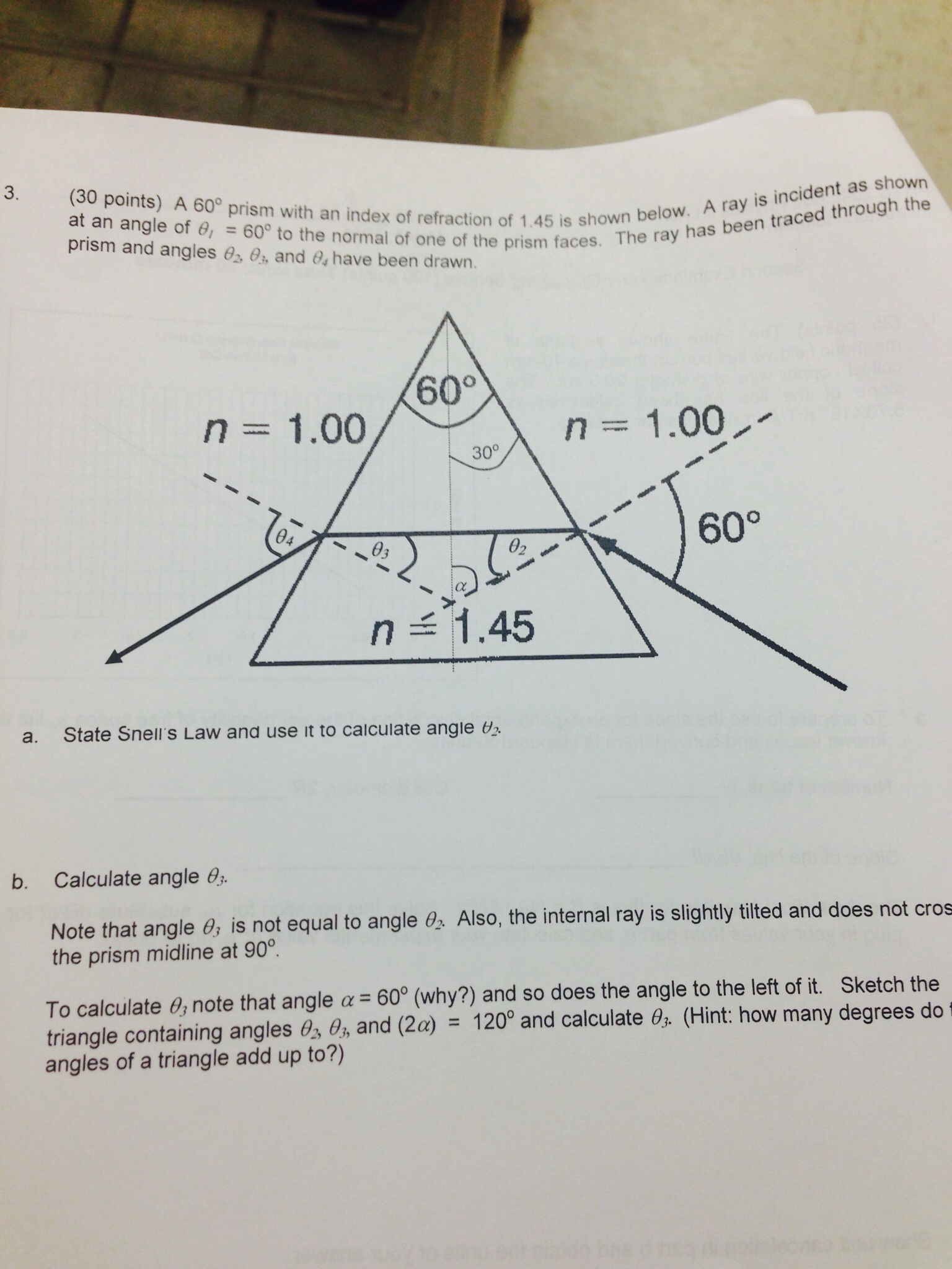Solved A 60 degree prism with an index reflection of 1.45 is | Chegg.com