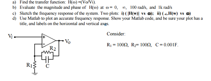 Solved Find the transfer function: H(omega) =(V_0/V_i). | Chegg.com