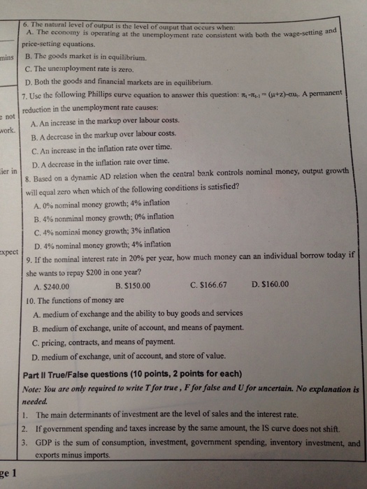 Solved The natural level of output is the level of output | Chegg.com