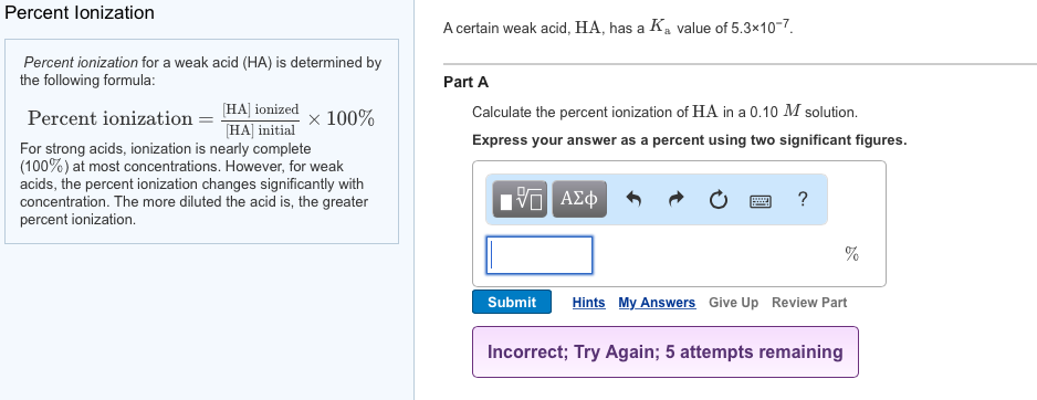 Solved Percent Ionization Percent ionization for a weak acid | Chegg.com