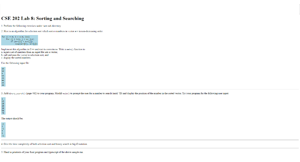 Solved CSE 202 Lab 8: Sorting and Searching 1. Perform | Chegg.com