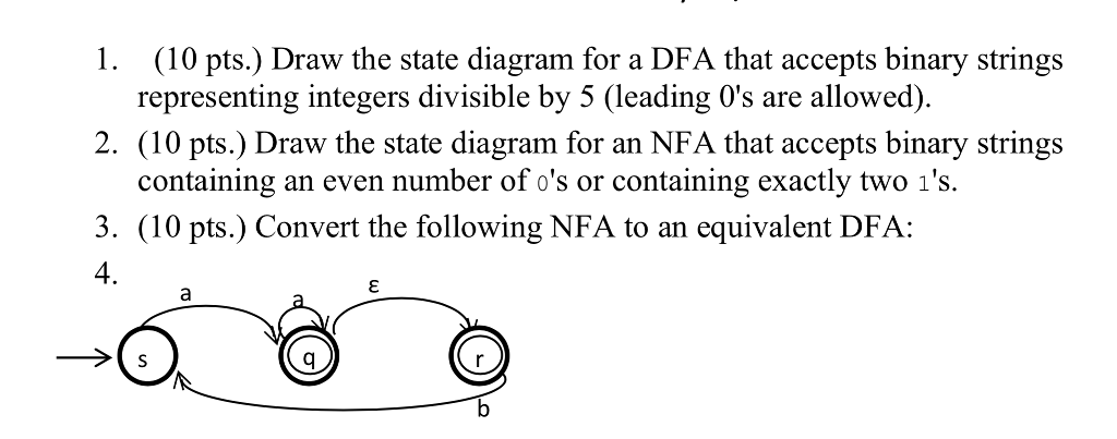 Solved 1. (10 pts.) Draw the state diagram for a DFA that | Chegg.com