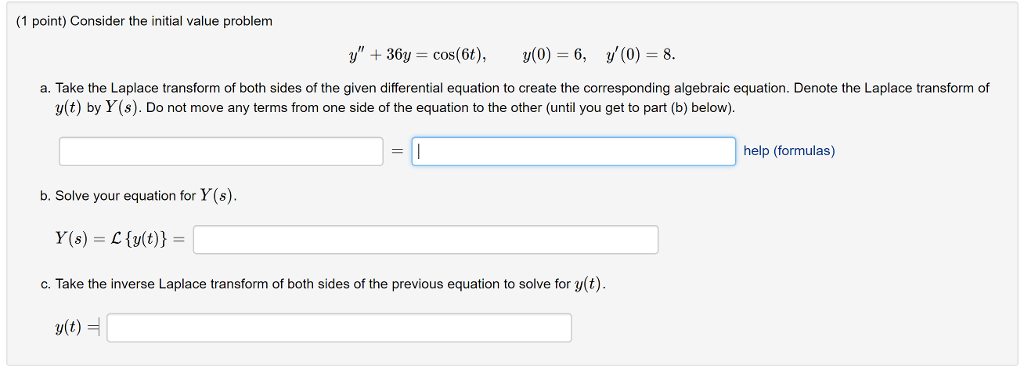 Solved (1 point) Consider the initial value problem y" + 36y | Chegg.com