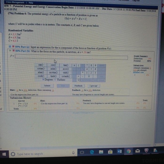 Solved Class Management Help HW 7- Potential Energy and | Chegg.com