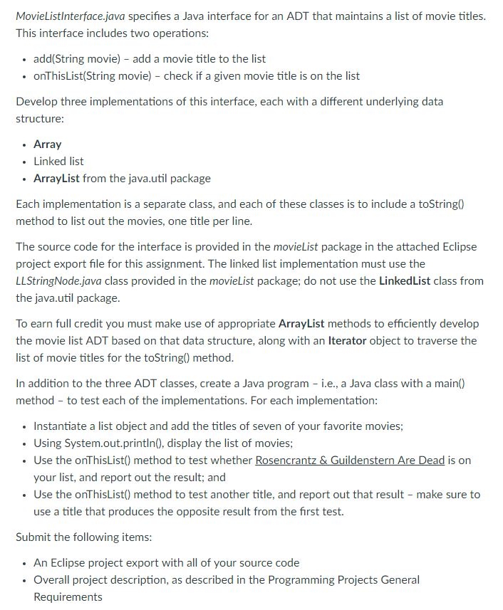 Solved MovieListlnterface.java specifies a Java interface | Chegg.com