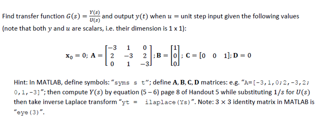 Solved Find transfer function G(s) = Y(s)/U(s) and output | Chegg.com