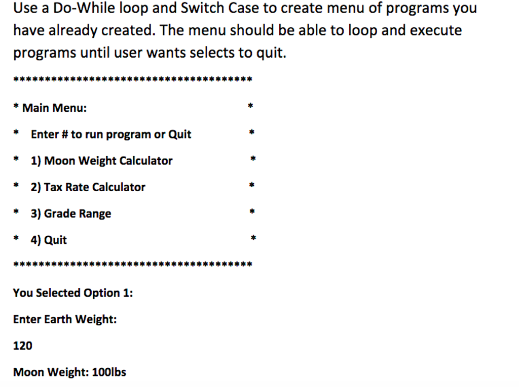 Solved Use a Do-While loop and Switch Case to create menu of | Chegg.com