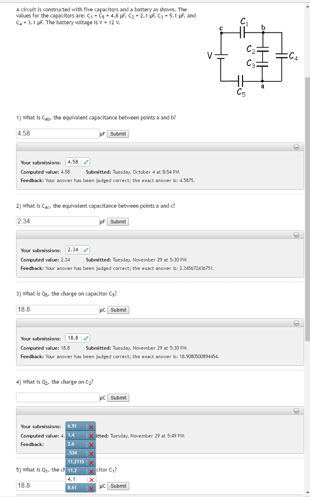 Solved A circuit is constructed with five capacitors and a | Chegg.com