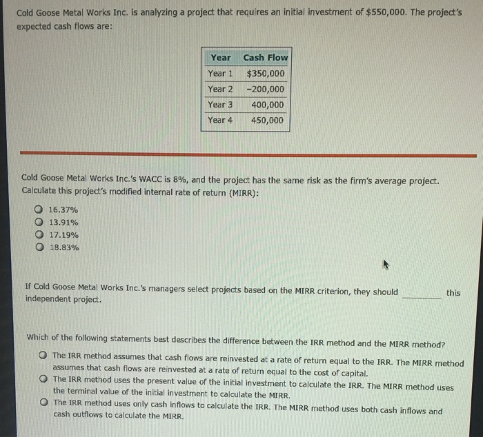 Solved Can someone help me calculate MIRR and answer the | Chegg.com
