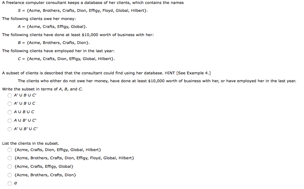 Solved A freelance computer consultant keeps a database of | Chegg.com