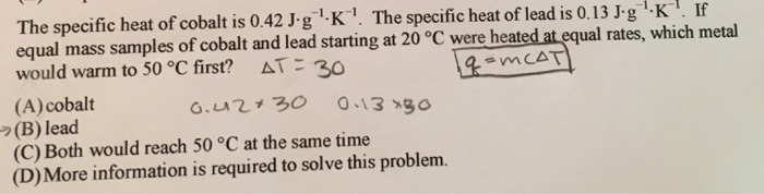 Solved The specific heat of cobalt is 0.42 J g^-1 K^-1. The | Chegg.com