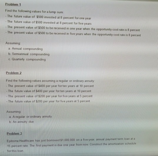 Solved Problem 1 Find the following values for a lump sum | Chegg.com