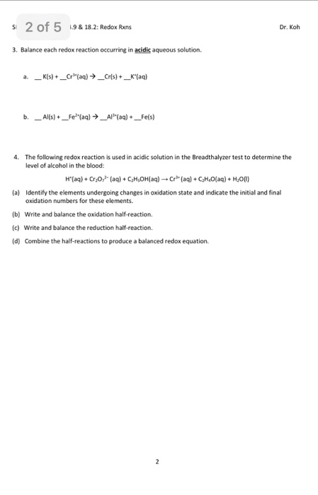 Balance Each Redox Reaction Occurring in Acidic Aqueous Solution ... Balance Each Redox Reaction Occurring in Acidic Aqueous Solution ...