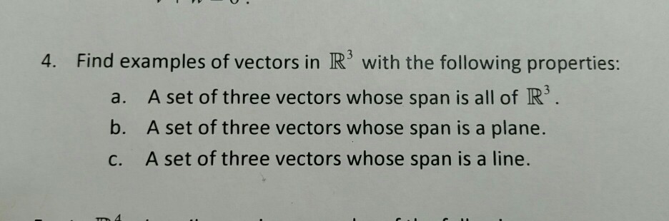 Solved 4. Find examples of vectors in IR' with the following | Chegg.com