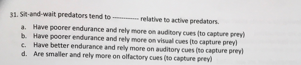 Solved 31. Sit-and-wait predators tend torelative to active | Chegg.com