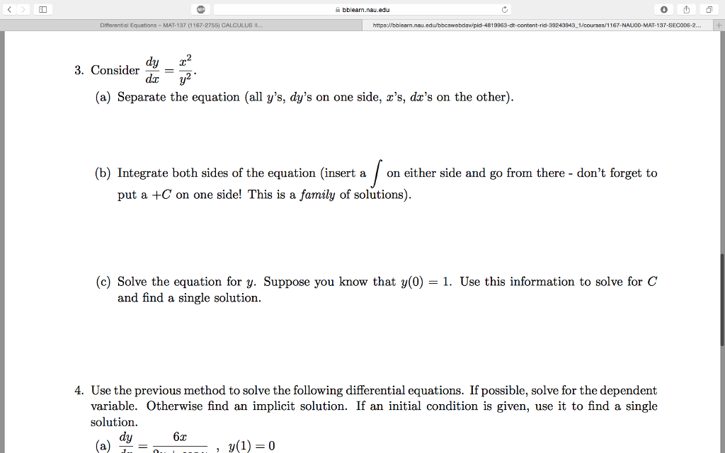 Solved Consider dy/dx = x^2/y^2 Separate the equation (all | Chegg.com