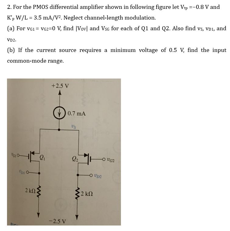 Solved For the PMOS differential amplifier shown in | Chegg.com