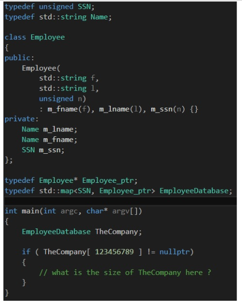 Solved typedef unsigned SSN typedef std::string Name; class | Chegg.com