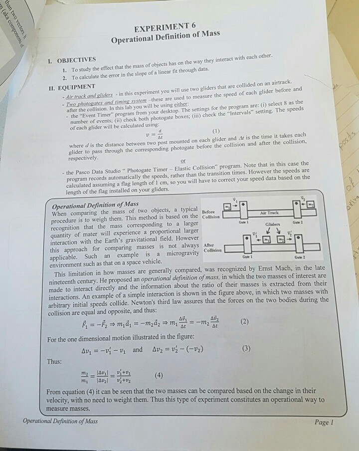 EXPERIMENT 6 Operational Definition of Mass I. | Chegg.com