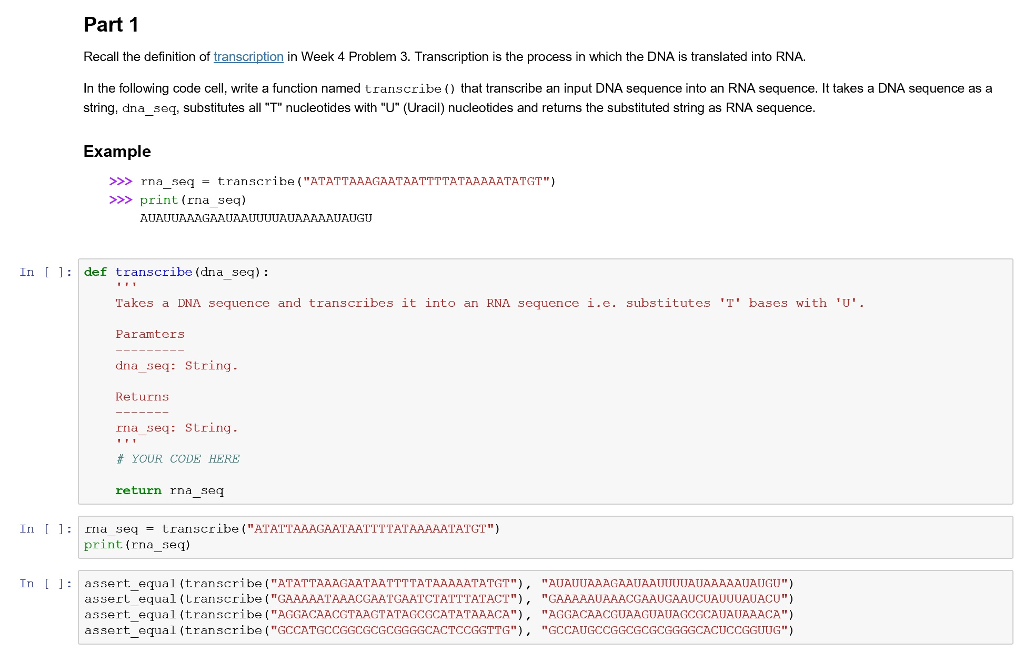 Solved Part 1 Recall the definition of transcrption in Week | Chegg.com