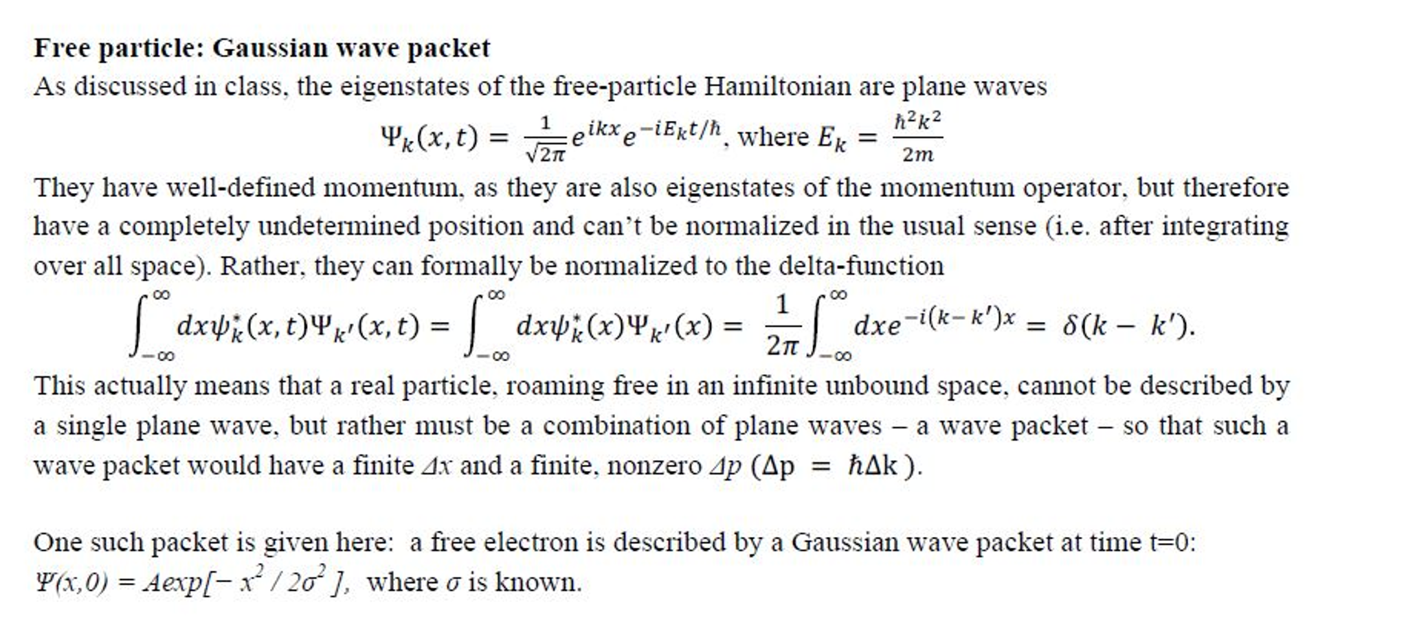 Free particle: Gaussian wave packet As discussed in | Chegg.com