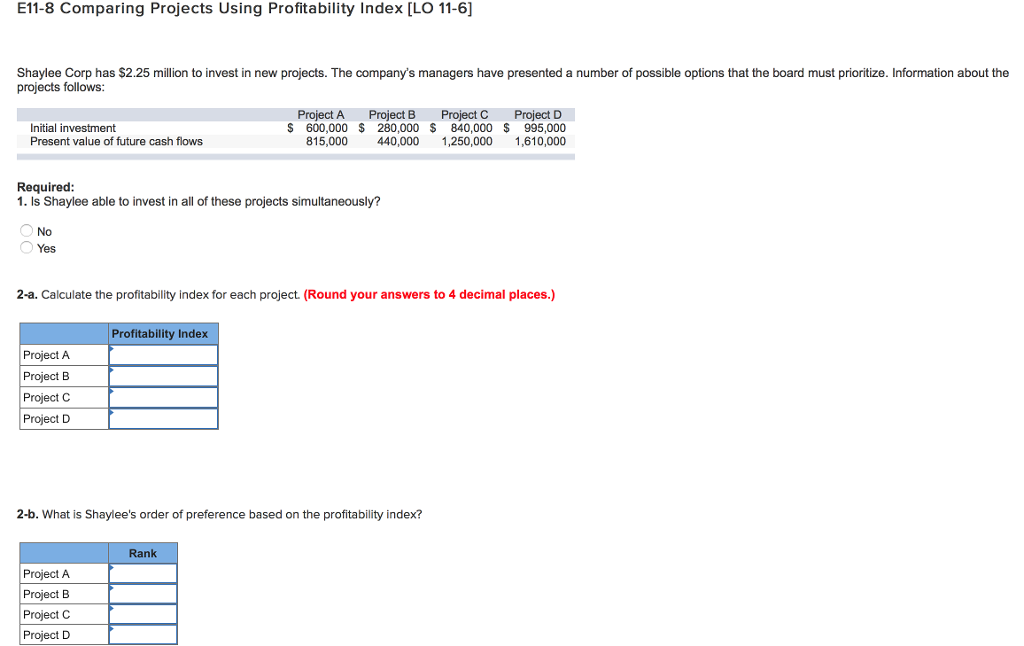 Solved E11-8 Comparing Projects Using Profitability Index | Chegg.com