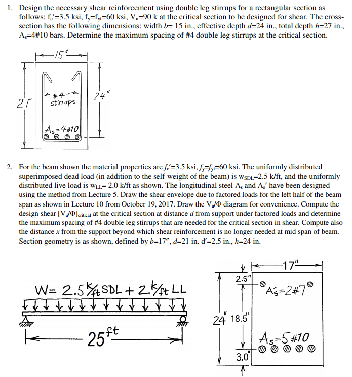 Solved 1. Design the necessary shear reinforcement using | Chegg.com