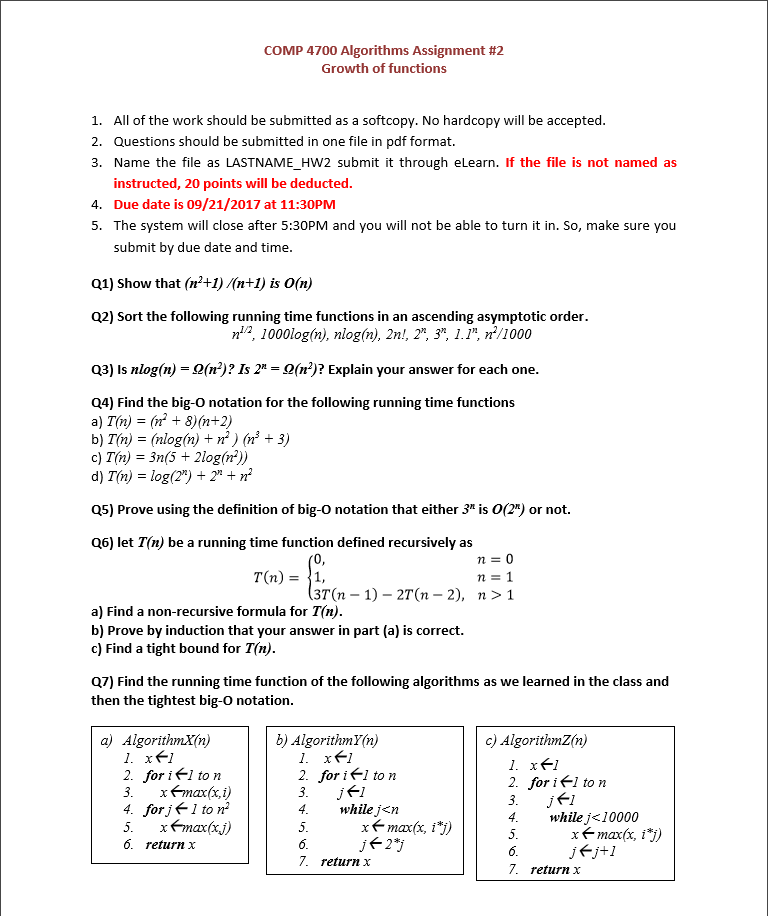Solved COMP 4700 Algorithms Assignment #2 Growth of | Chegg.com