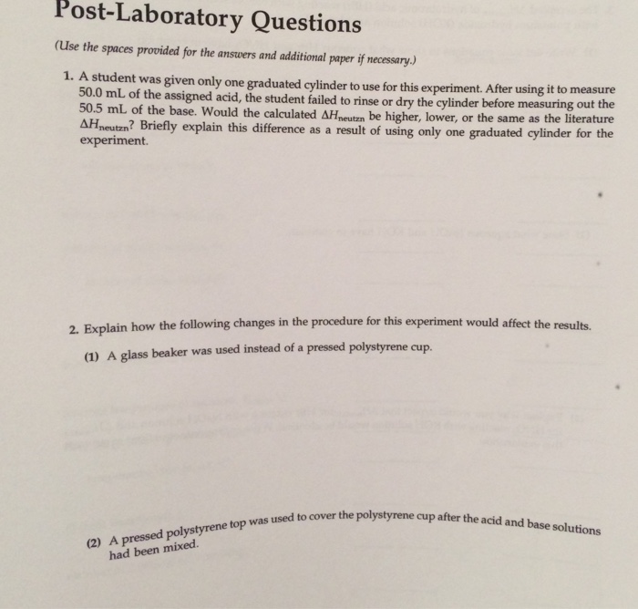 Solved Post Laboratory Questions Use The Spaces Provided