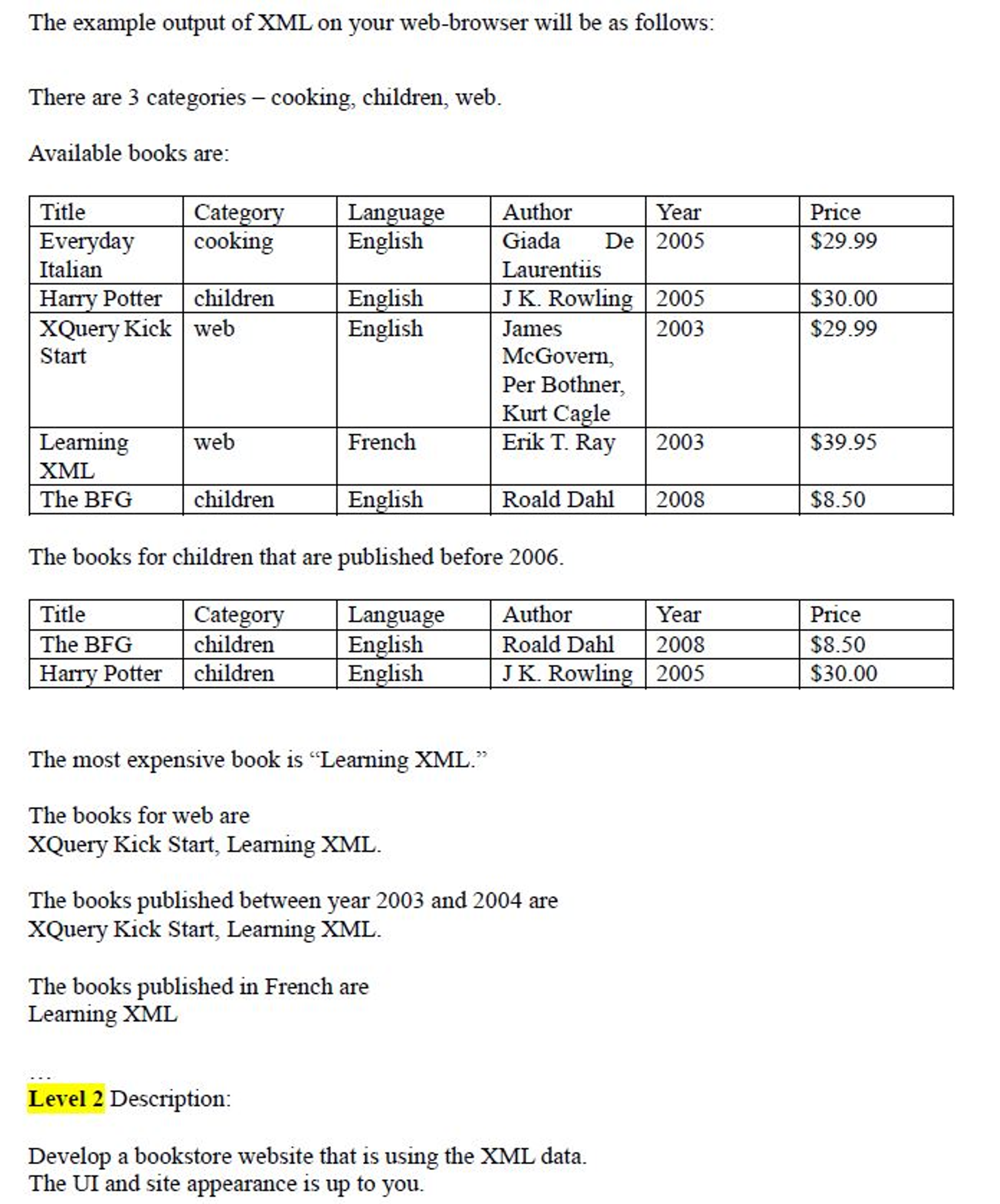 Solved Level 1 Description Use the data in XML format into | Chegg.com