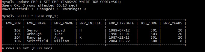 Solved mysq1> update EMP 1 SET EMP YEARS 20 WHERE JOB CoDE> | Chegg.com