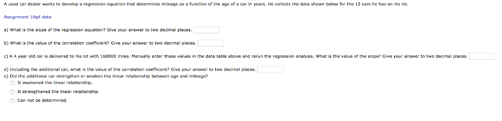 Solved A used car dealer wants to develop a regression | Chegg.com