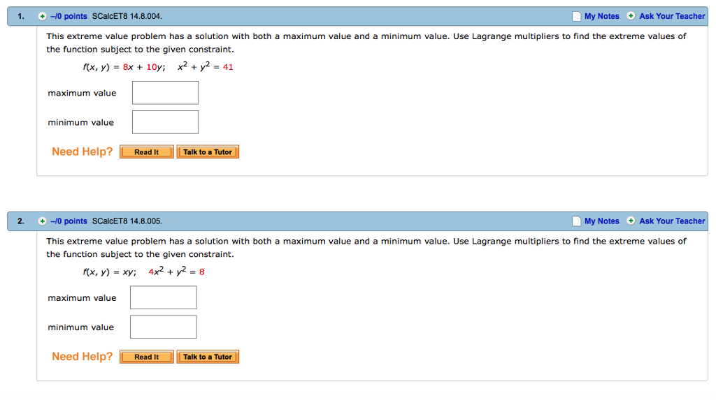Solved This extreme value problem has a solution with both a | Chegg.com