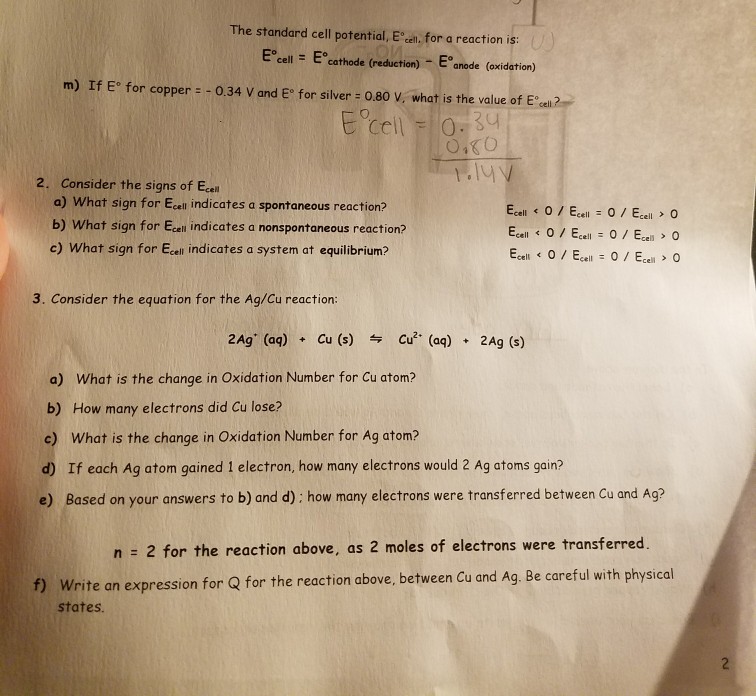 Solved The standard cell potential, E cell, for a reaction | Chegg.com