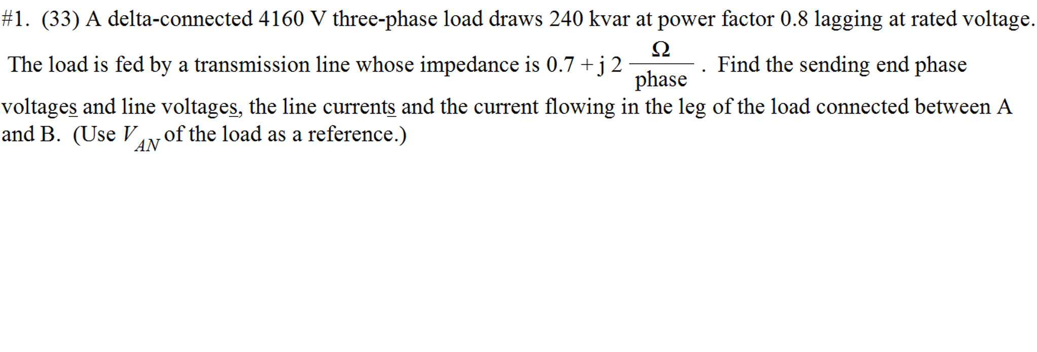 Solved A delta-connected 4160 V three-phase load draws 240 | Chegg.com