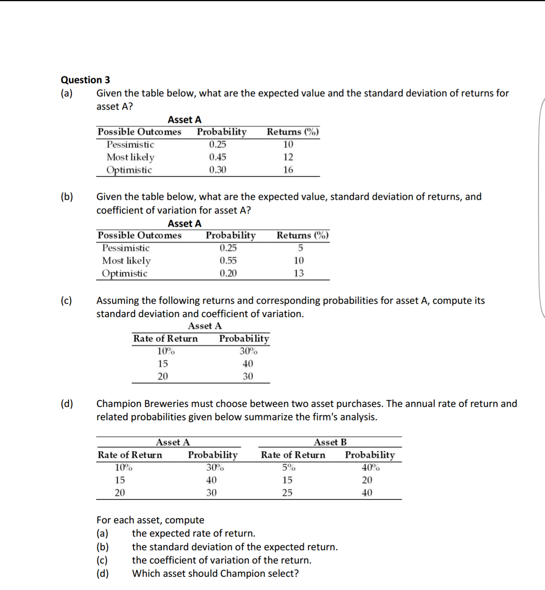 Solved Given the table below, what are the expected value | Chegg.com