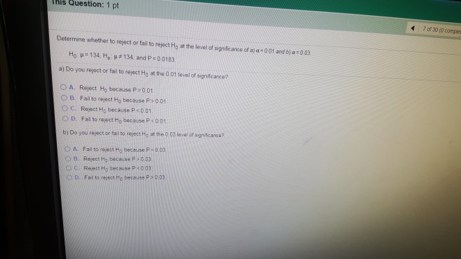 Solved Determine whether to reject or fail to reject H_0 at | Chegg.com