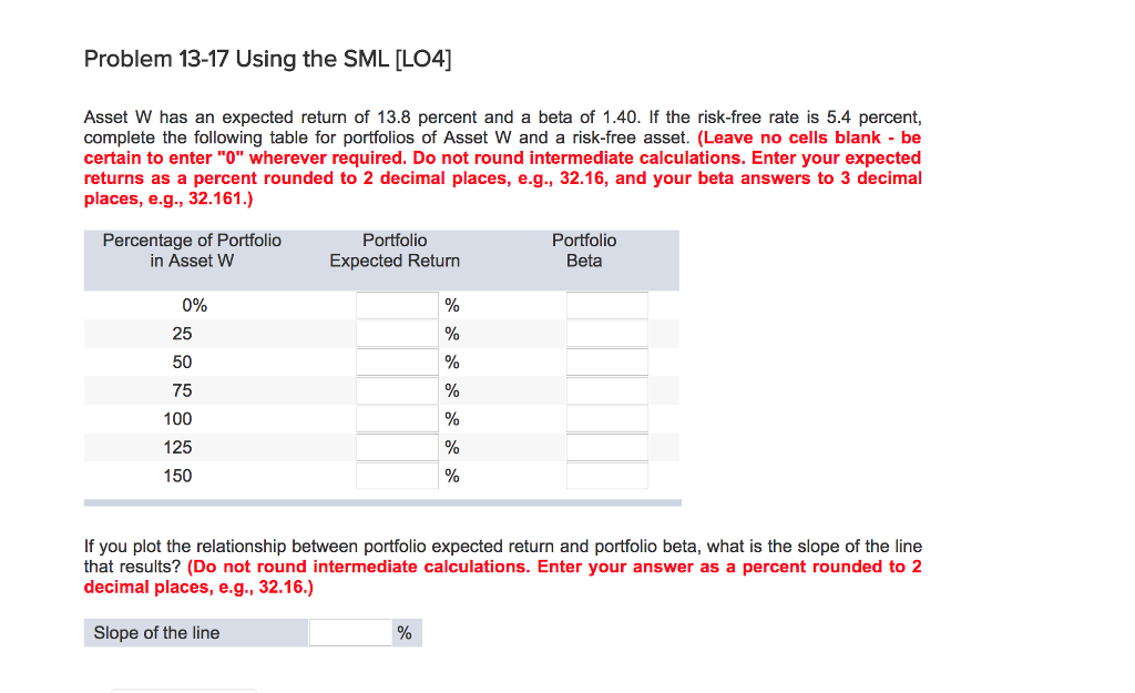 Solved Problem 13-17 Using the SML [LO4] Asset W has an | Chegg.com