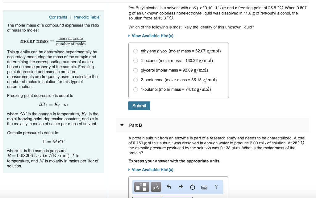 Solved tert-Butyl alcohol is a solvent with a Kf of 9.10 | Chegg.com