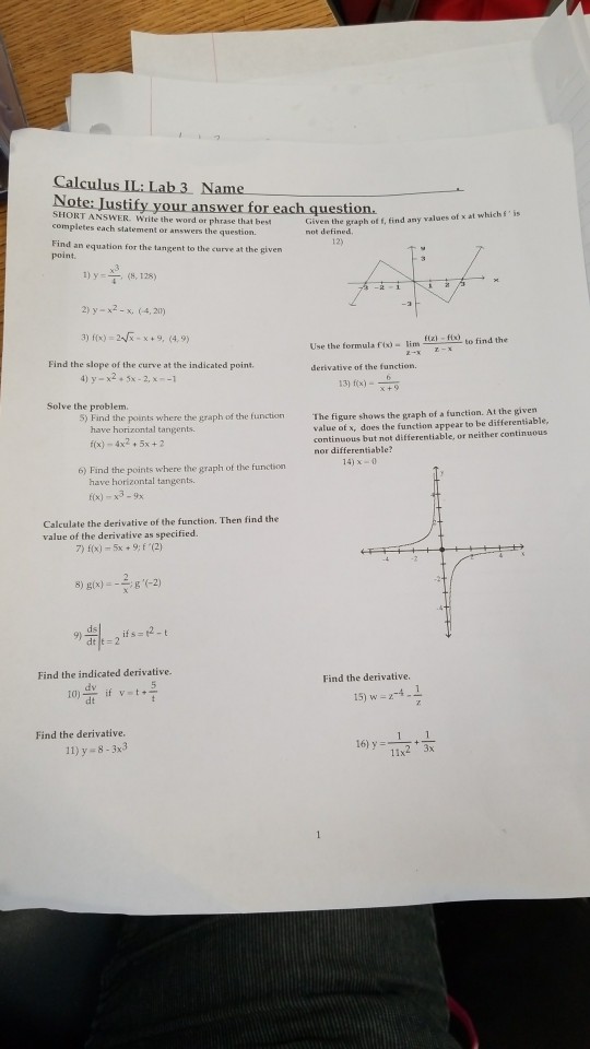 Solved Calculus!L: Lab 3 Name Note: Justify your answer for | Chegg.com