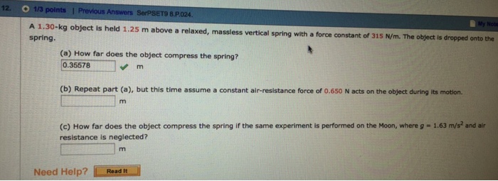 Solved A 1.30-kg object is held 1.25 m above a relaxed, | Chegg.com