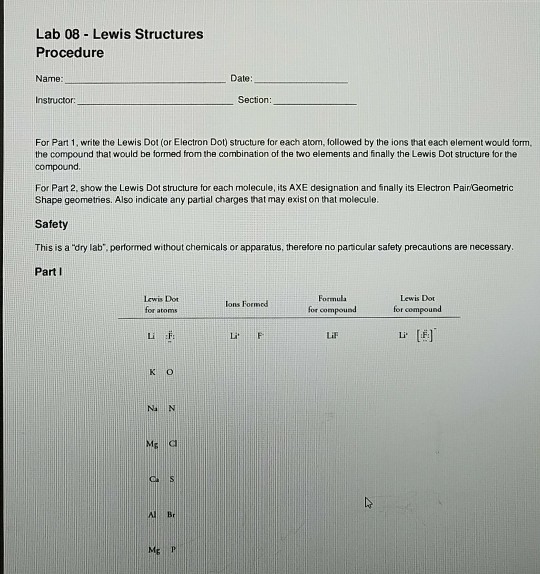 Solved Lab 08 - Lewis Structures Procedure Name Date: | Chegg.com