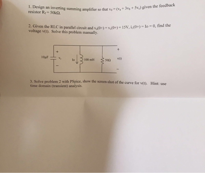 Solved design an inverting summing amplifier so that v0 | Chegg.com