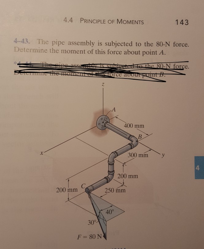 Solved 4.4 PRINCIPLE OF MOMENTS 143 4-43. The pipe assembly | Chegg.com