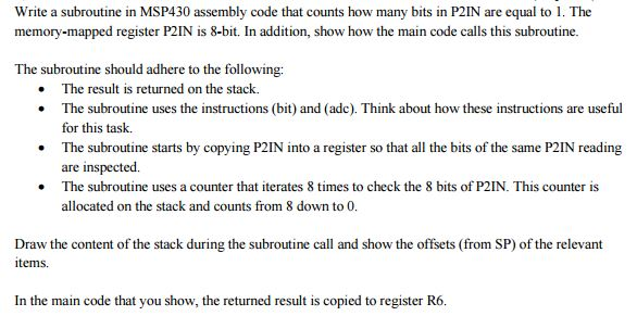 Write a subroutine in MSP430 assembly code that | Chegg.com