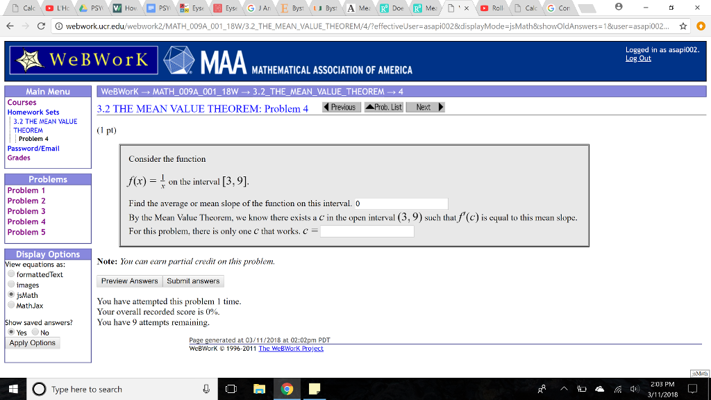 Solved ← > C ⓘwebwork.ucr.edu/webwork2/MATH 009A 001 18W/3.2 | Chegg.com